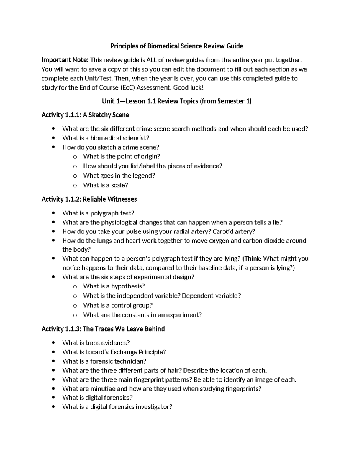 EOC Principles of Biomedical Science Comprehensive Study Guide 2024 ...