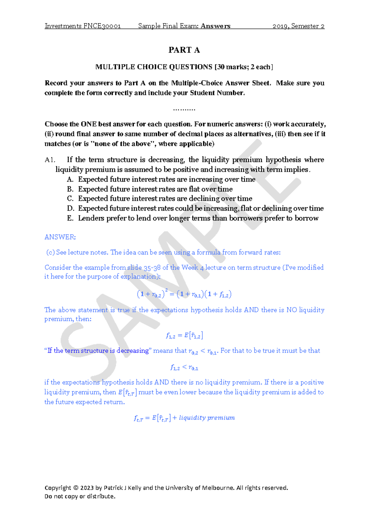 Final FNCE30001 Sample Final Exam Answers 2019, Semester 2 - Studocu