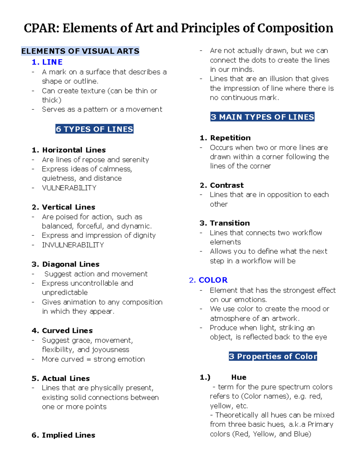 CPAR - Visual Arts Elements Overview for Review - Studocu