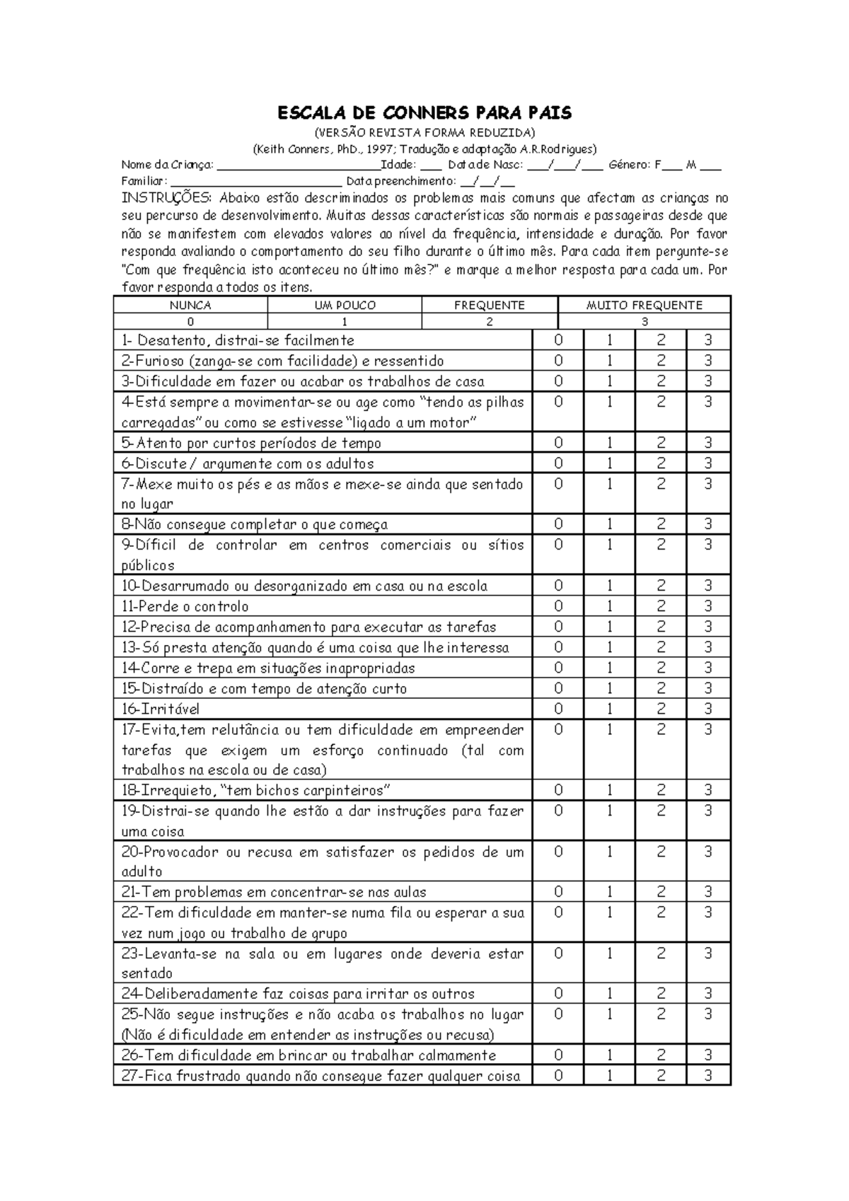 Escala de Conners para Pais - Versão Revisada (Aula 1) - Studocu