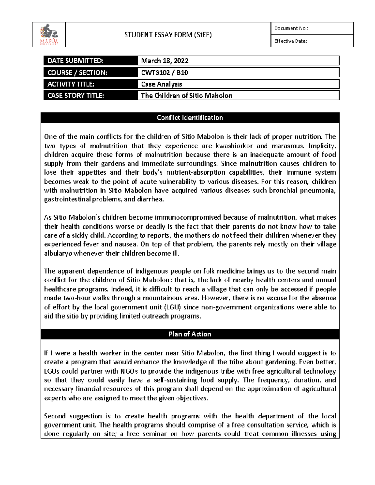 Tambalo - Case analysis Essay The Children of Sitio Mabolon - STUDENT ...