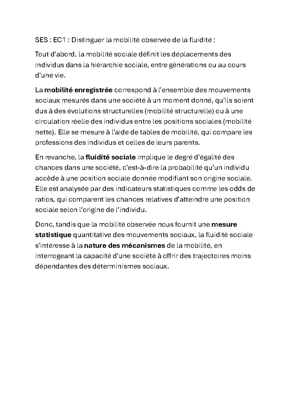 SES EC1 : Distinguer Mobilité Observée et Fluidité Sociale - Studocu