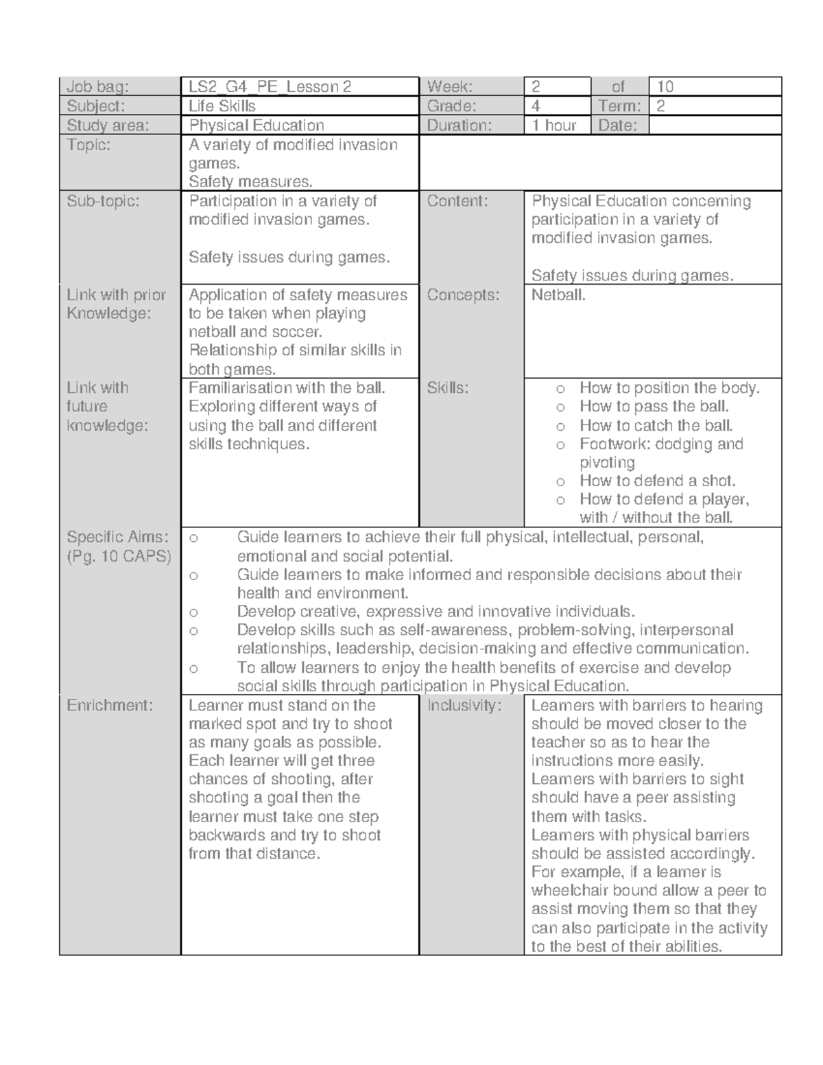 LS2_G4_PE_Lesson 2: Modified Invasion Games & Safety in PE - Studocu