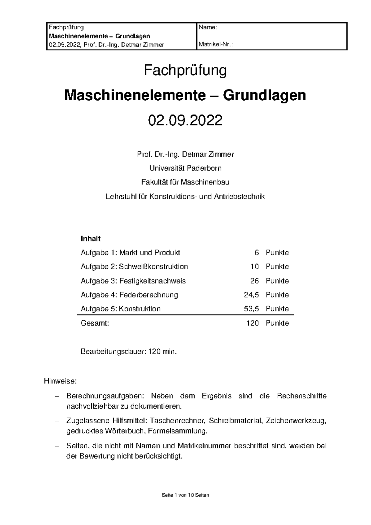 Maschinenelemente Grundlagen Klausur SS 2022 - Aufgaben und Hinweise ...