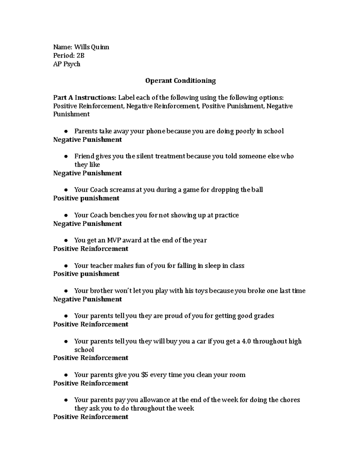 Operant Conditioning Examples.docx - Name: Wills Quinn Period: 2B AP ...