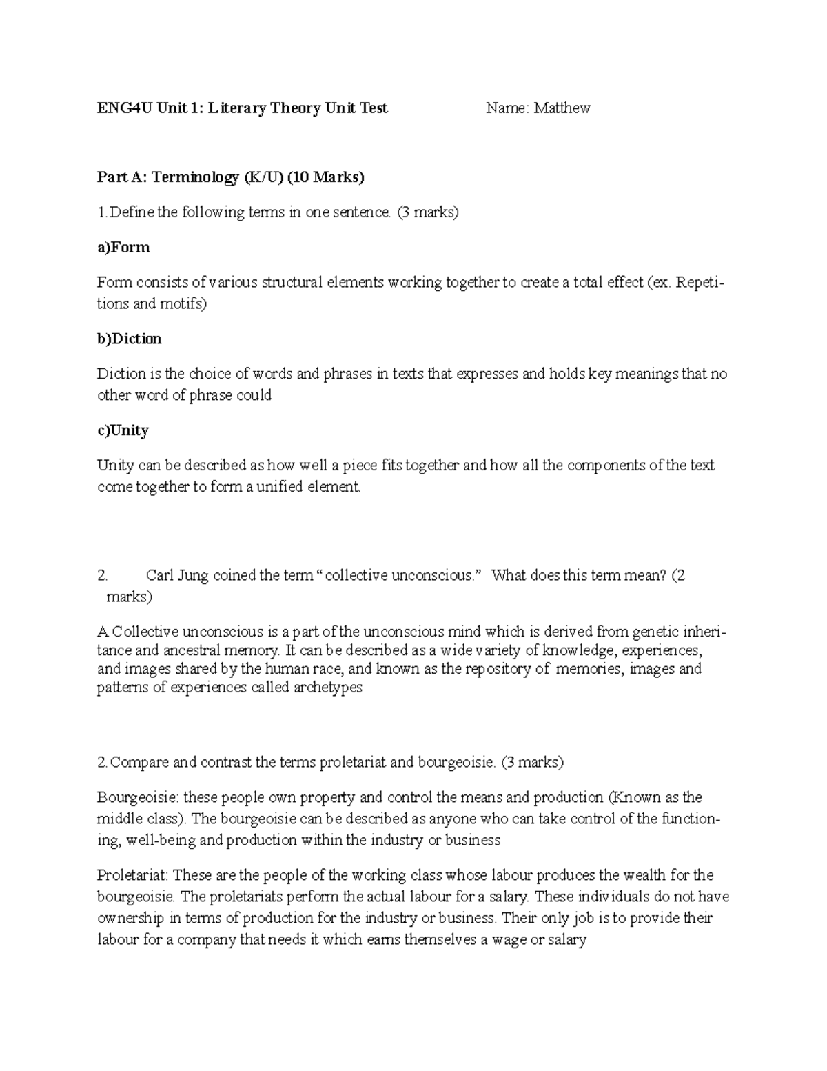 ENG4U Unit 1: Literary Theory Test Analysis & Responses - Studocu