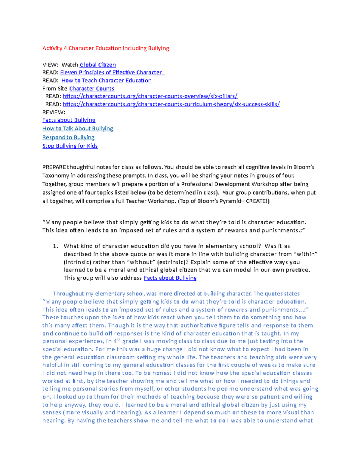 Activity 4 - Activity 4 Character Education including Bullying VIEW ...