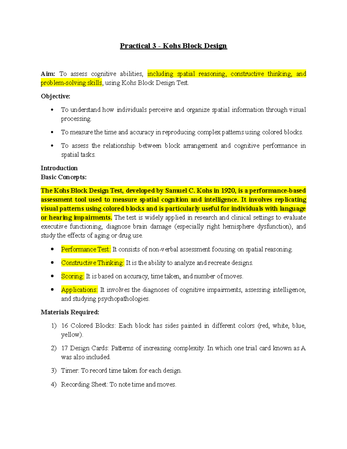 Practical 3: Kohs Block Design Test - Assessing Cognitive Abilities ...