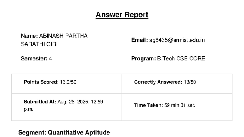 Answer Report: Quantitative Aptitude & Logical Reasoning - B.Tech CSE ...