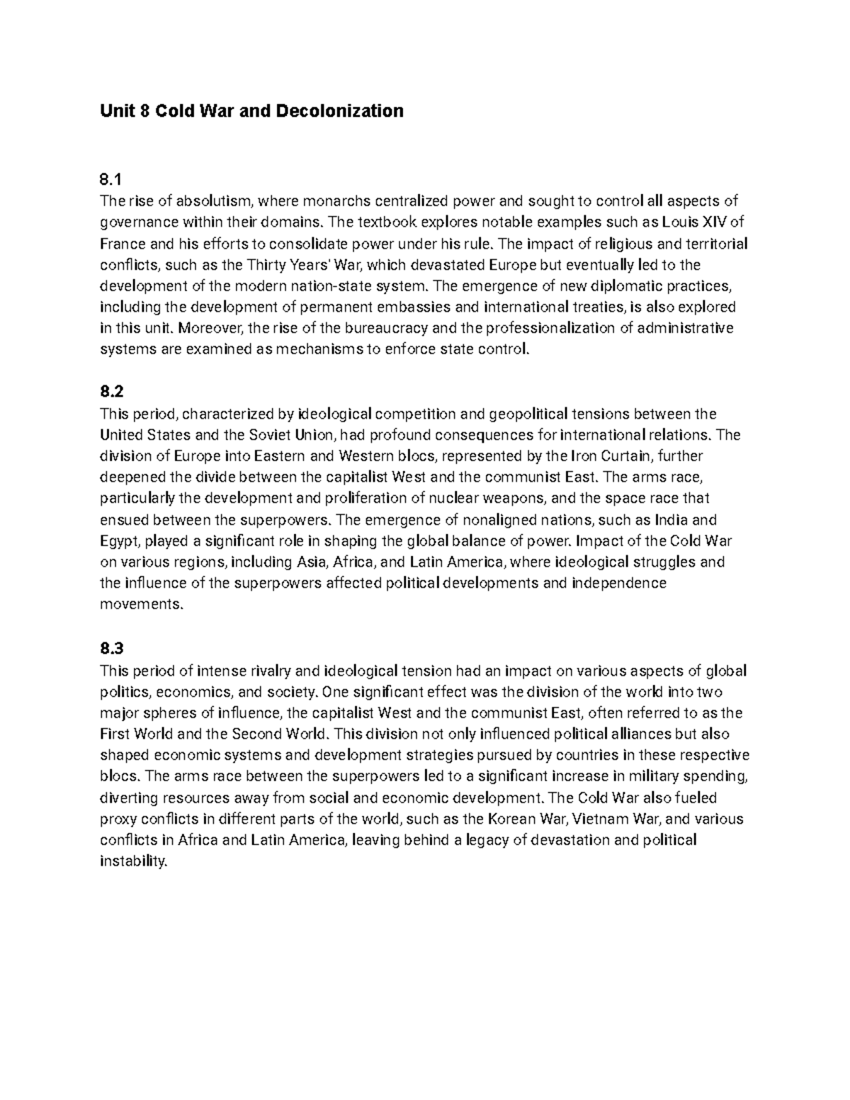 Unit 8: Cold War, Ideological Tensions, and Decolonization Notes - Studocu