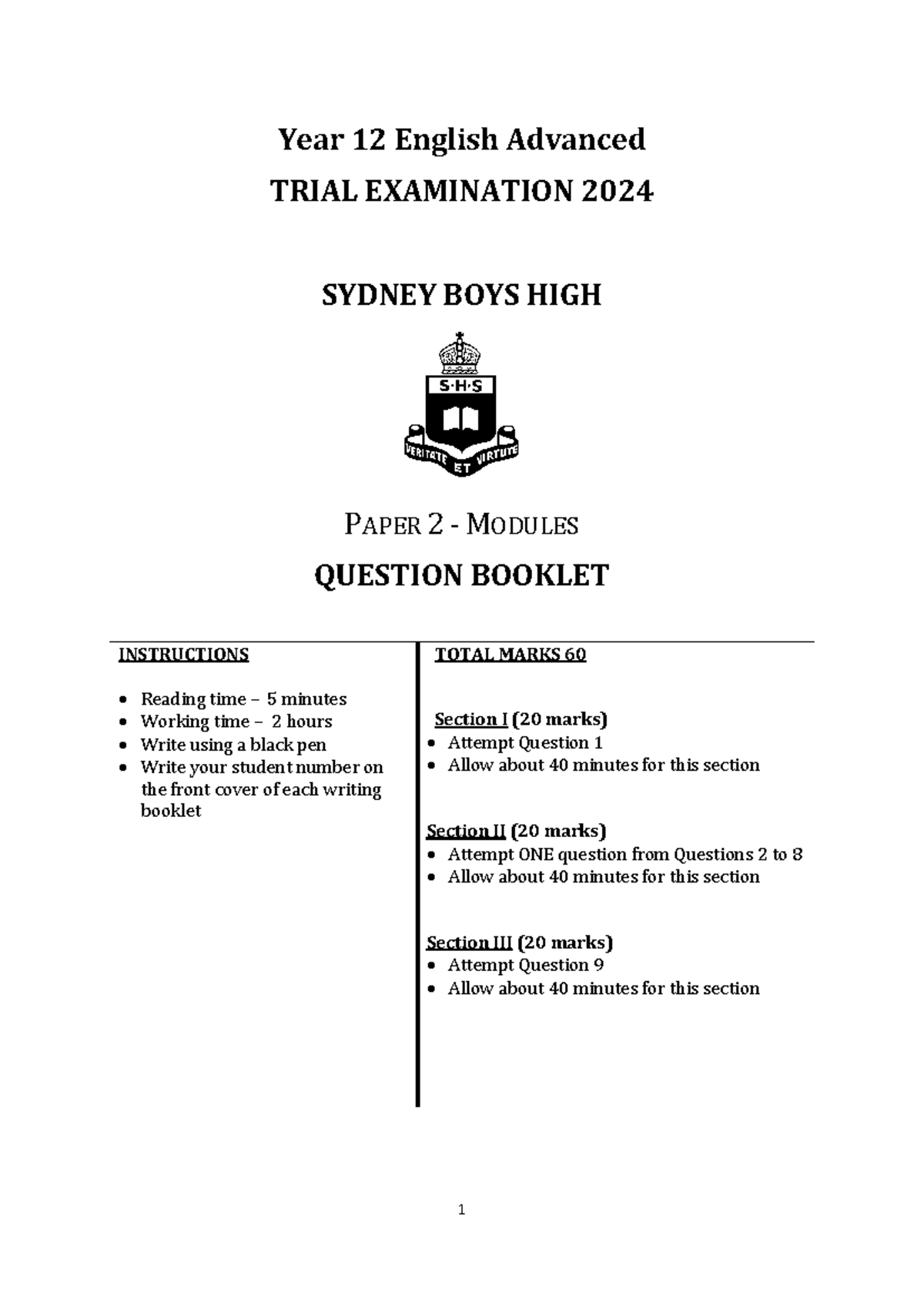 Sydney Boys High Year 12 English Advanced Trial Exam 2024 Paper 2 - Studocu