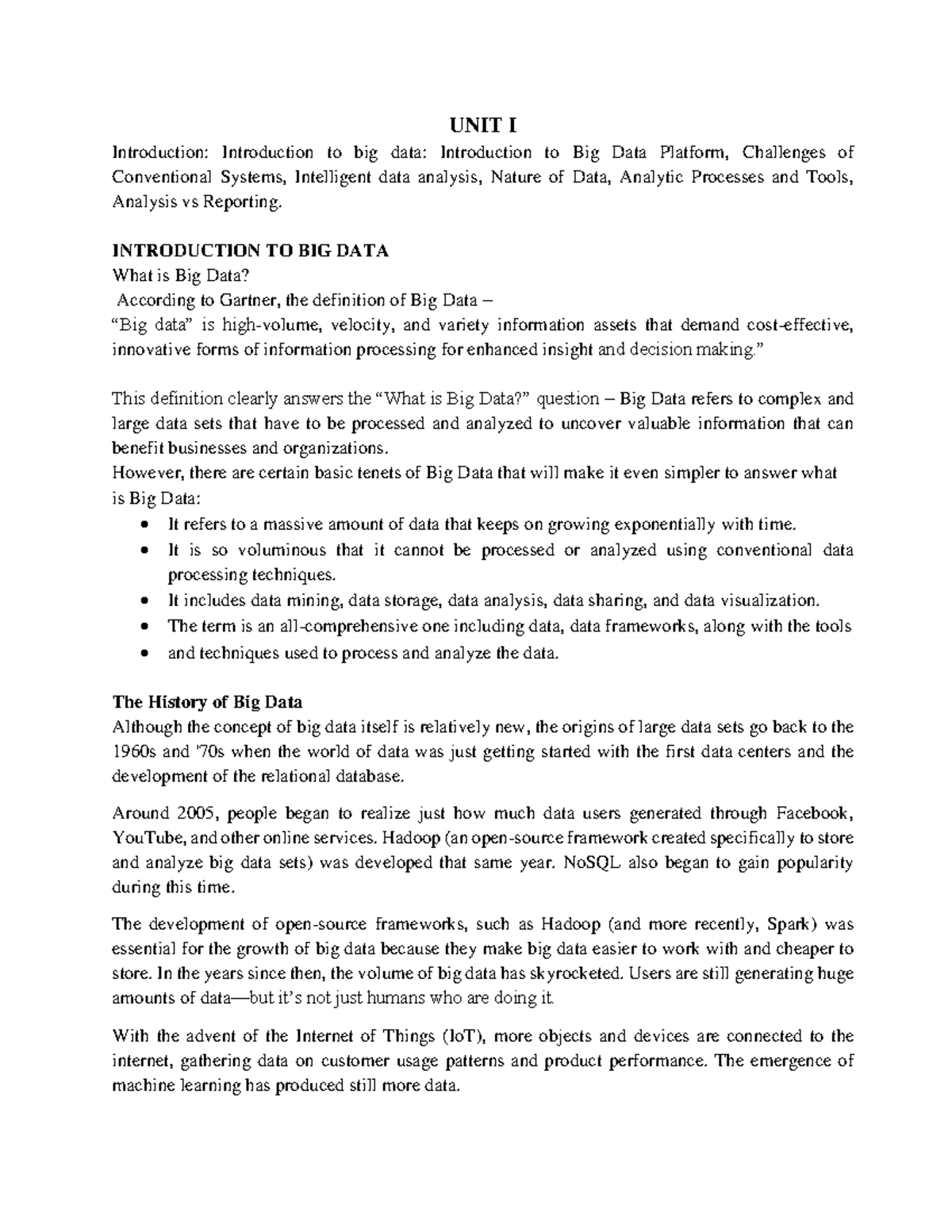 R19 BDA Unit I - Big Data Analytics - UNIT I Introduction: Introduction to big data ...