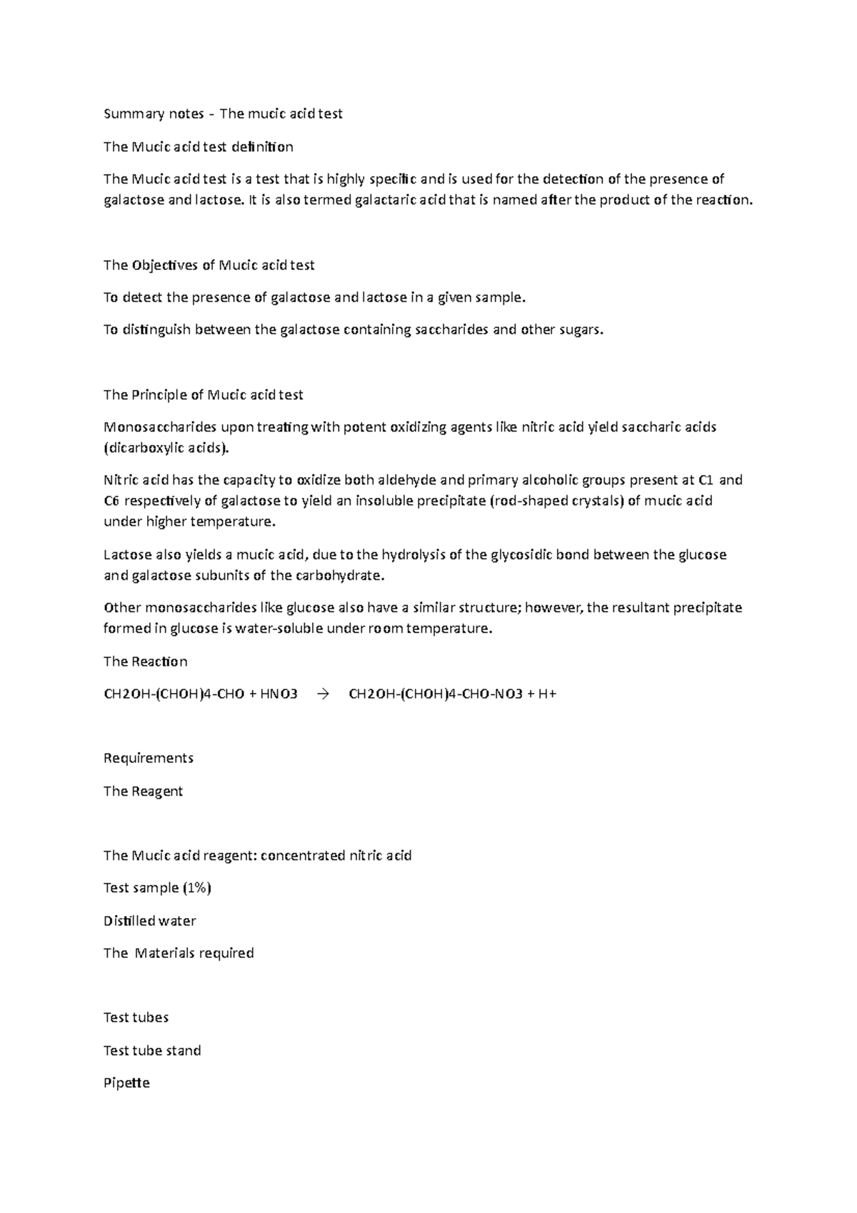 Mucic Acid Test Summary Notes - Detection of Galactose & Lactose - Studocu