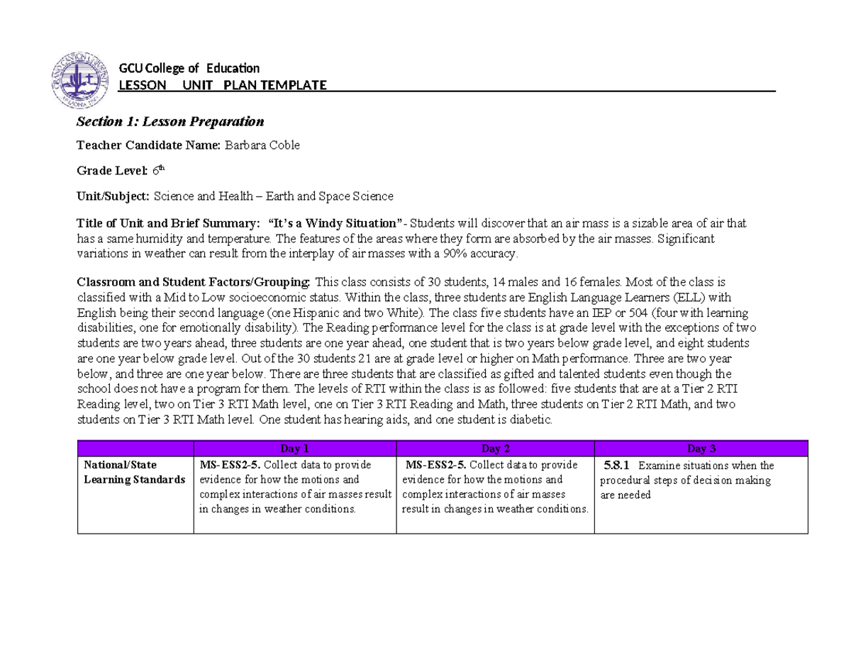 GCU College of Education 6th Grade Science Lesson Plan: Air Masses and ...