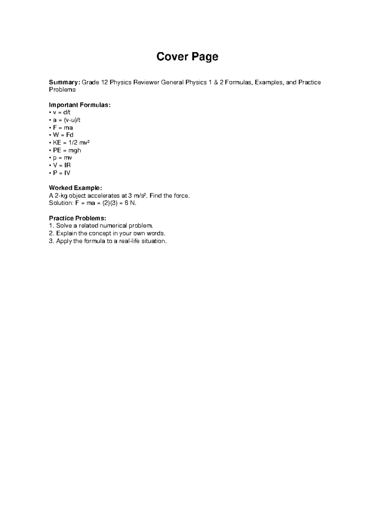 Grade 12 Physics Reviewer: Key Formulas & Practice Problems - Studocu