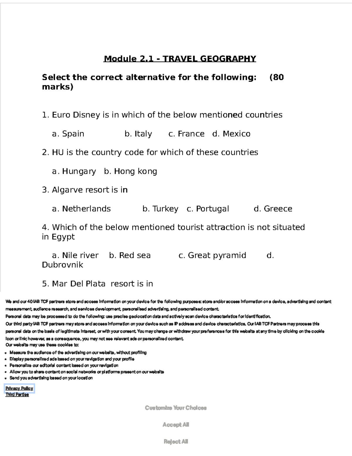 Module 2.1 Travel Geography: Quiz Questions and Answers - Studocu
