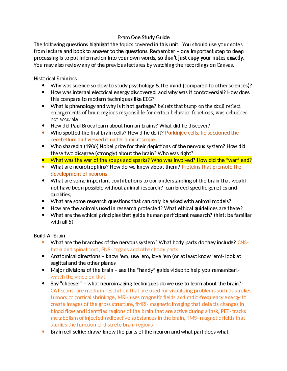 BB 25 Exam One Study Guide: Key Topics in Psychology and Neuroscience ...