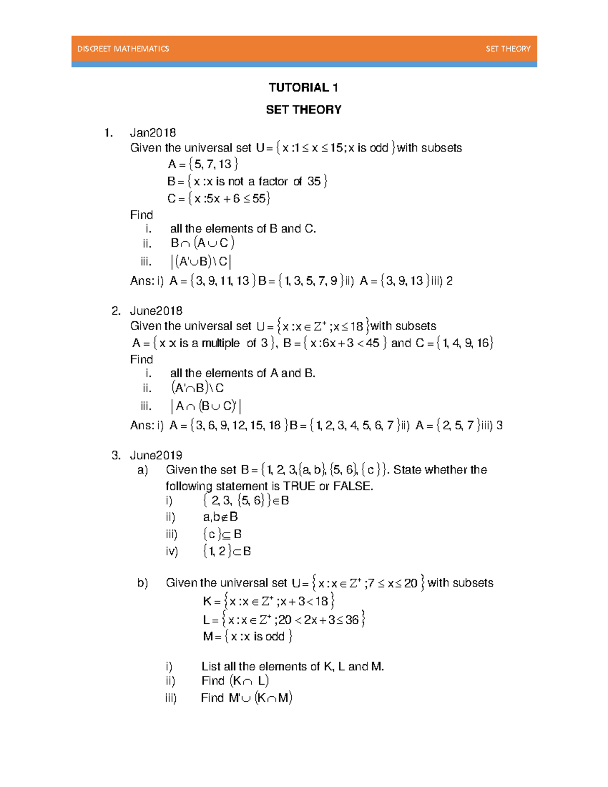DISCRETE MATHEMATICS SET THEORY TUTORIAL 1 (Jan 2018) - Studocu