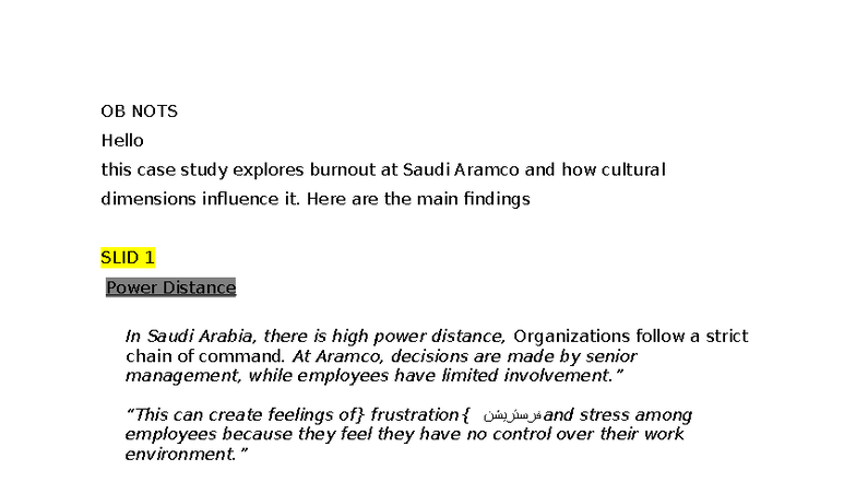 OB NOTS - Case Study on Burnout at Saudi Aramco and Cultural Impact - Studocu