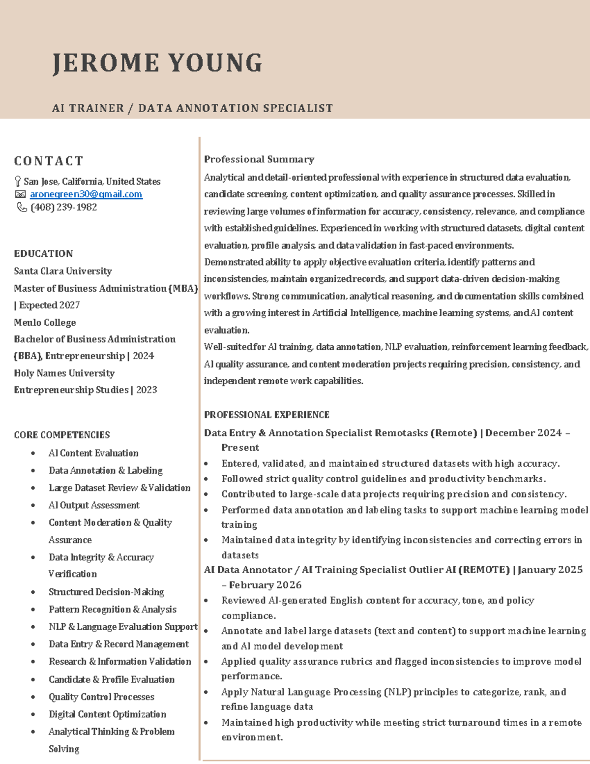 Green Arone Resume - Data Annotation Specialist & AI Trainer - Studocu