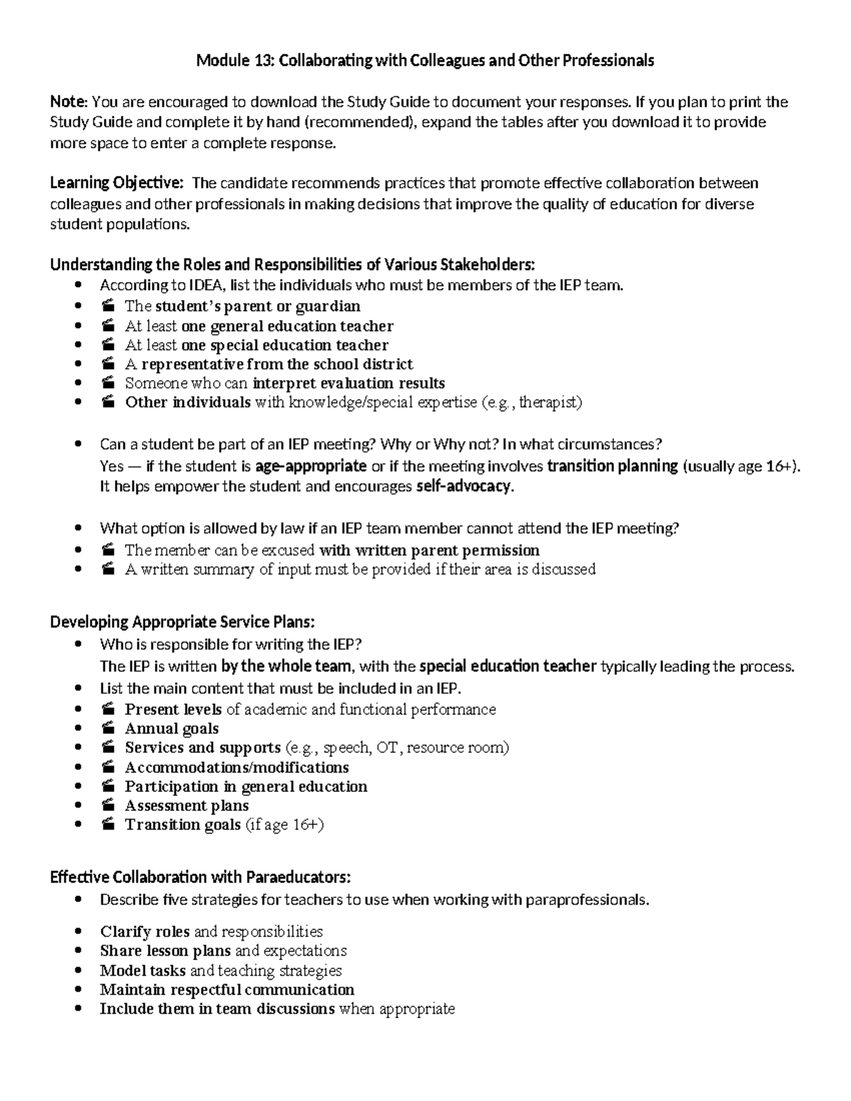 Module 13: Collaborating with colleagues and professionals study guide ...