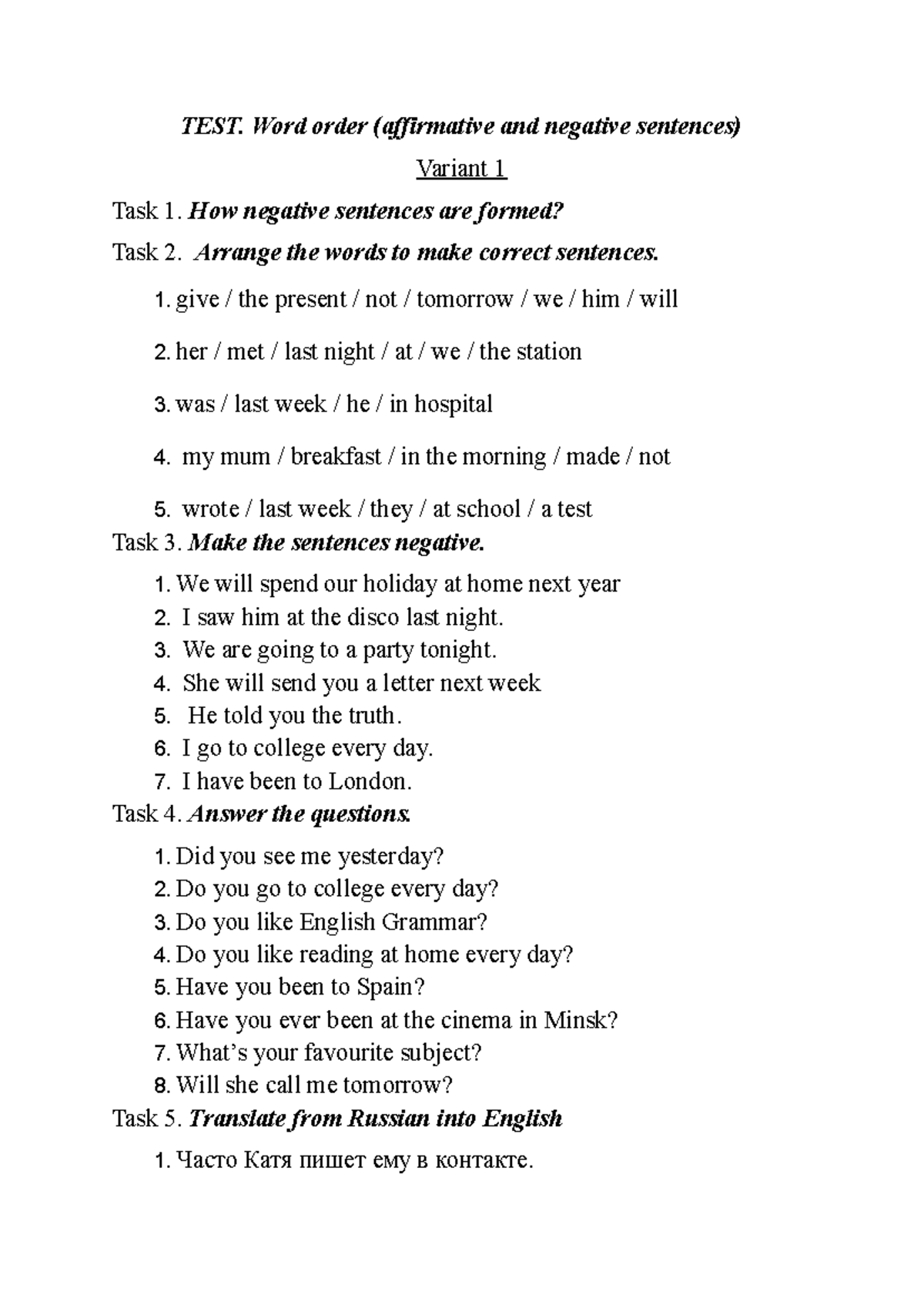 ENG 101: Word Order in Affirmative & Negative Sentences - Grammar Tasks ...