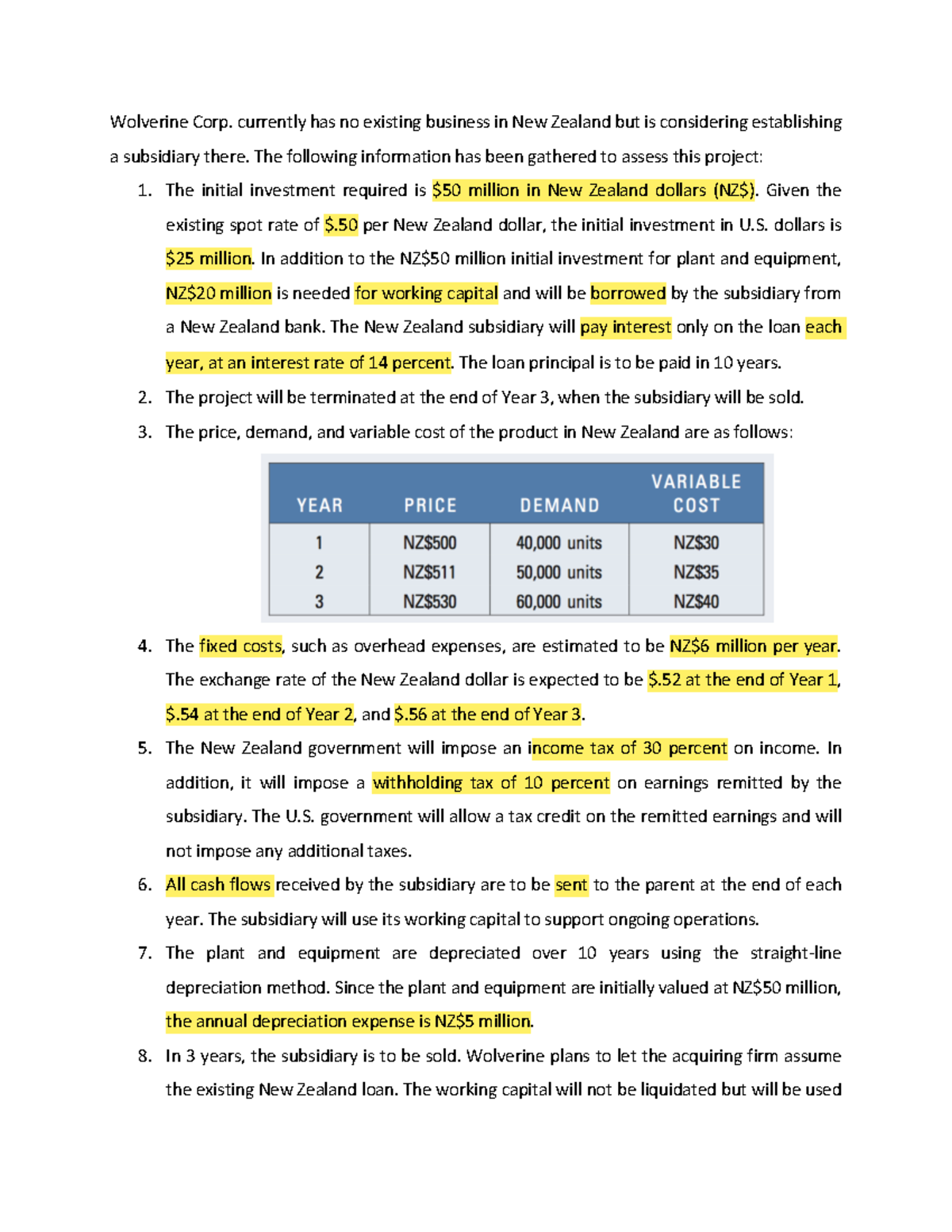 Multinational Capital Budgeting Analysis for Wolverine Corp. (FIN 301 ...