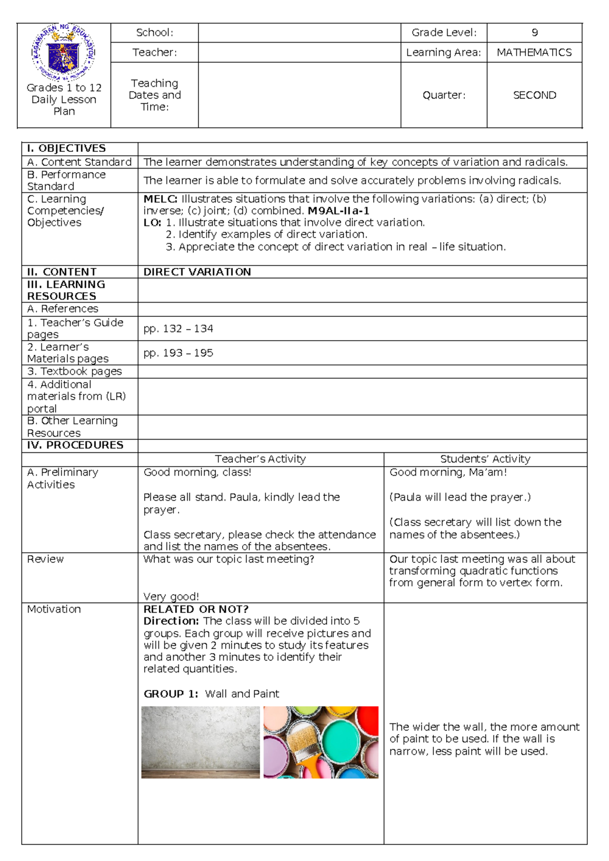 LP - Direct Variation Lesson Plan for Grade 9 Mathematics - Studocu
