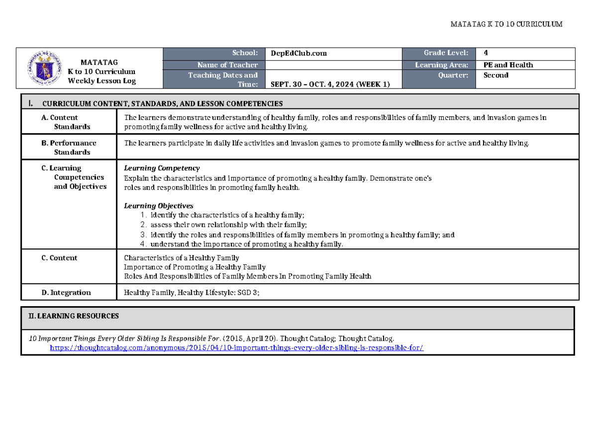 DLL Matatag PE & Health 4 Q2 WEEK1-2 - MATATAG K to 10 Curriculum Weekly Lesson Log School ...