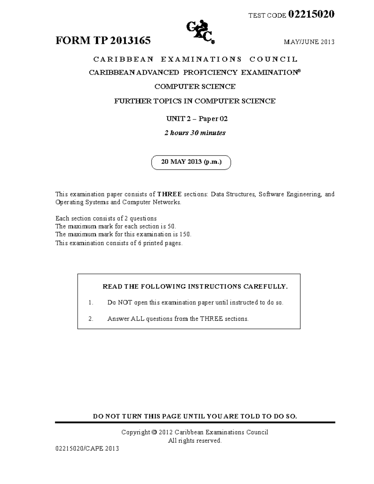 Comp Sci U2 P2 2013 - CAPE Computer Science Exam Paper 2 - Studocu