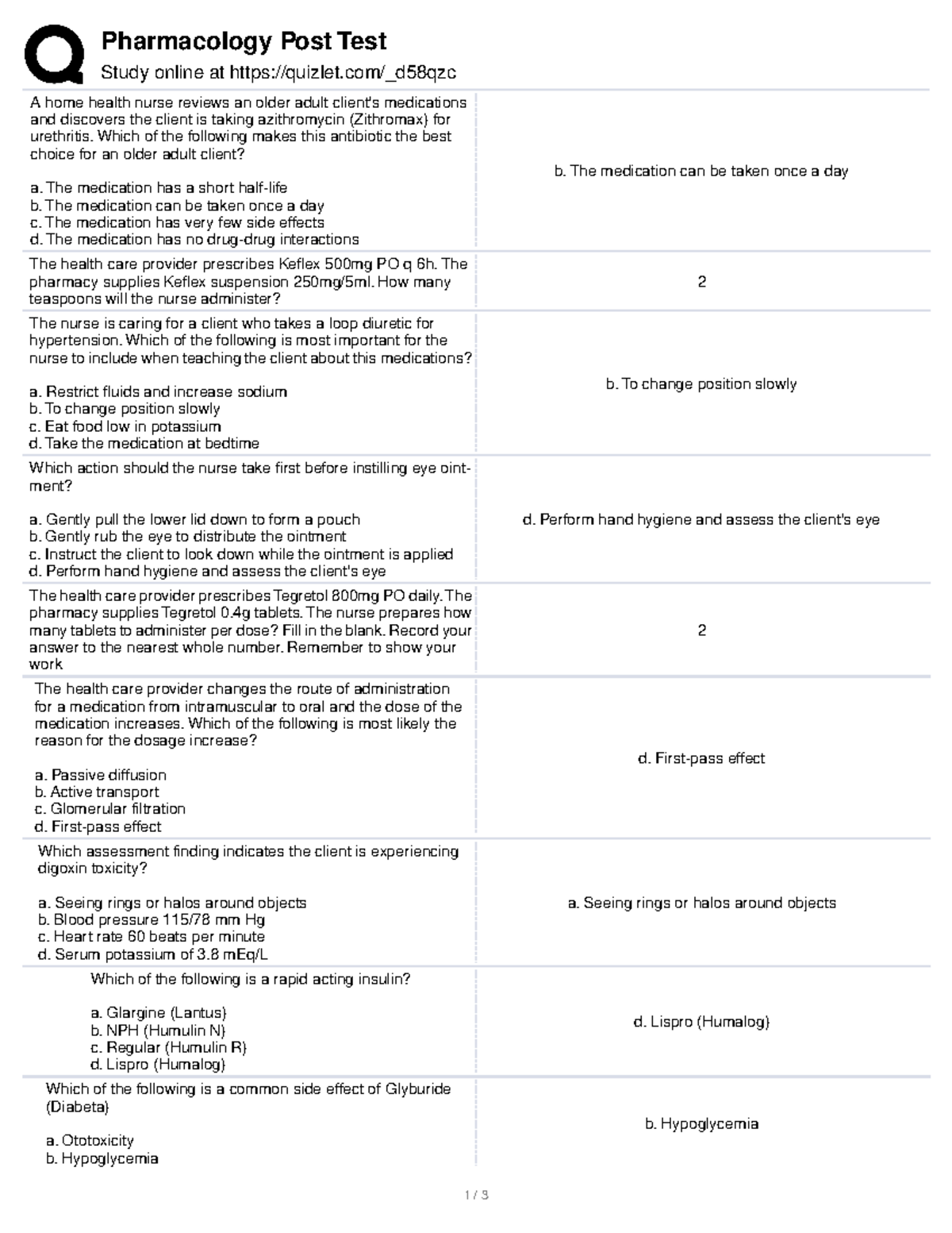 Pharm 101 Post Test: Key Concepts and Medication Understanding - Studocu