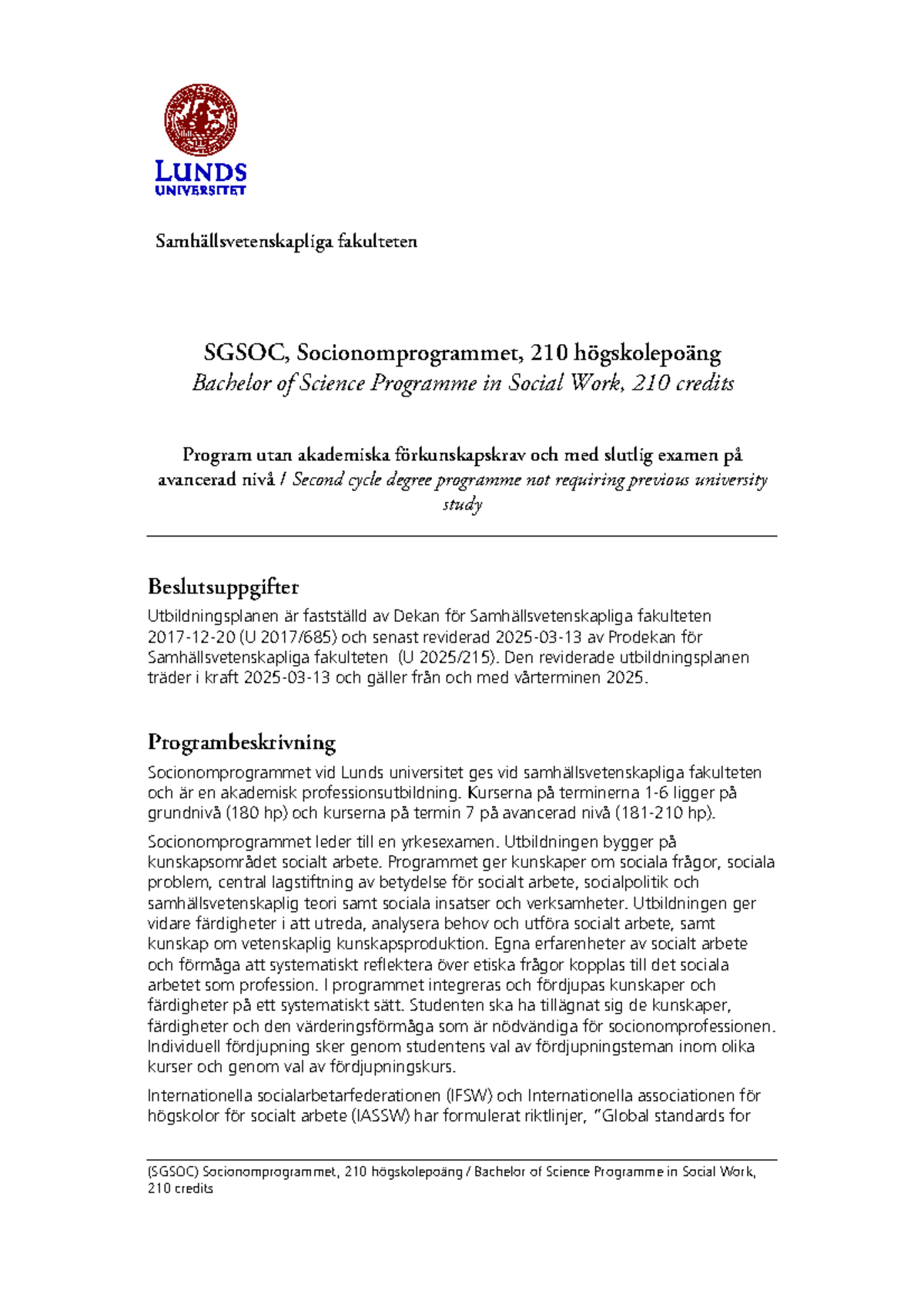 SGSOC: Socionomprogrammet - Utbildningsplan och Kursöversikt 2025 - Studocu