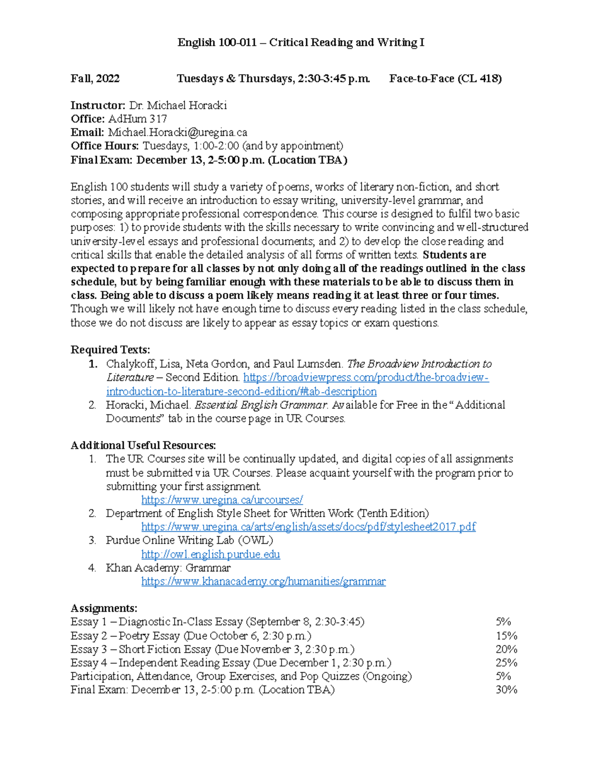 Horacki ENGL 100 Fall 2020 31363 - English 100-011 – Critical Reading ...