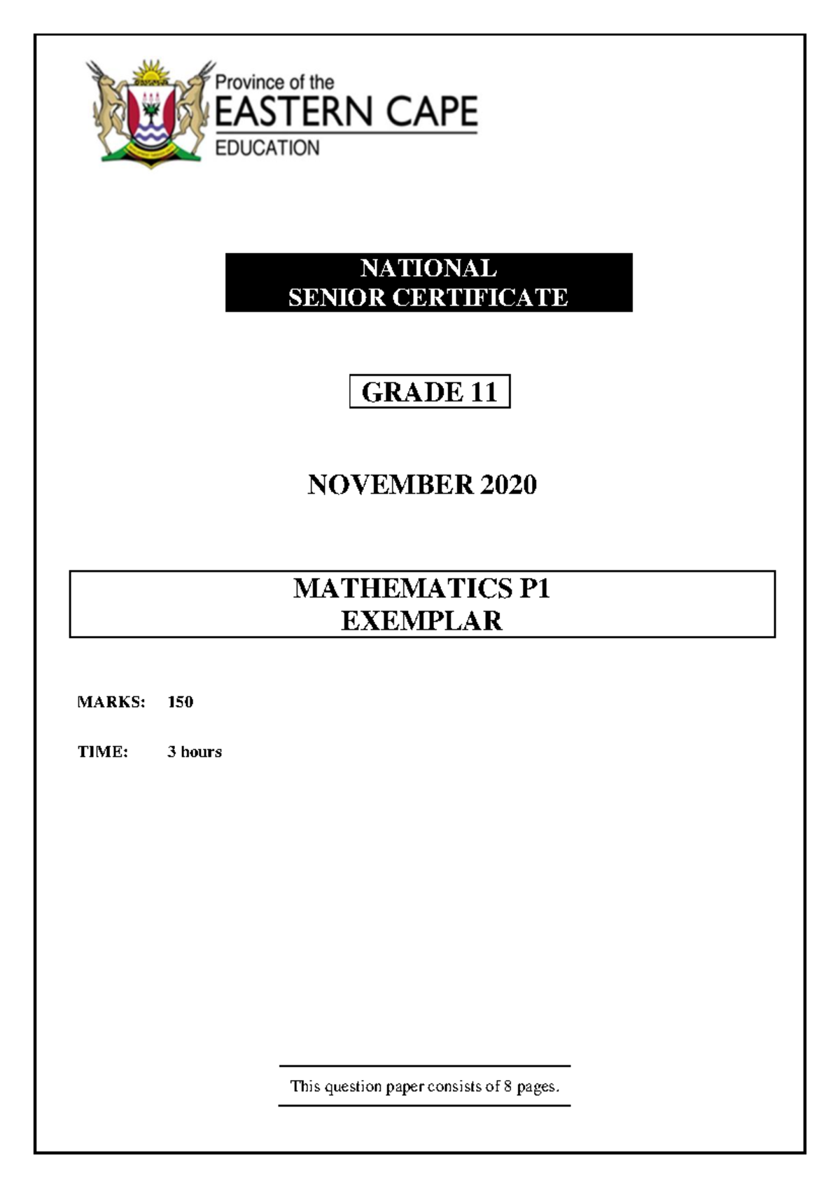 Grade 11 EC Final Exam MATH Paper 1 November 2020 - Studocu