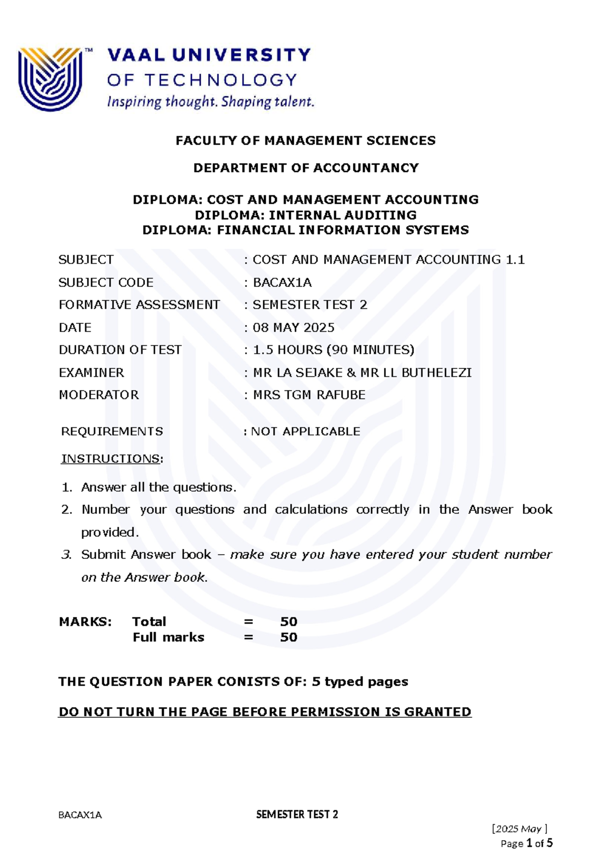 BACAX1A Semester Test 2: Cost & Management Accounting Practice 2025 ...