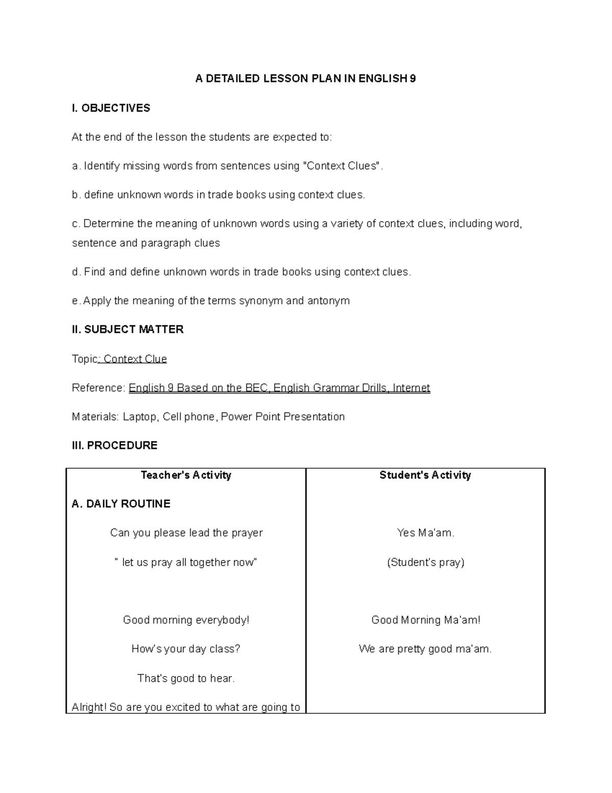A Detailed Lesson PLAN IN Context- Clues - A DETAILED LESSON PLAN IN ...