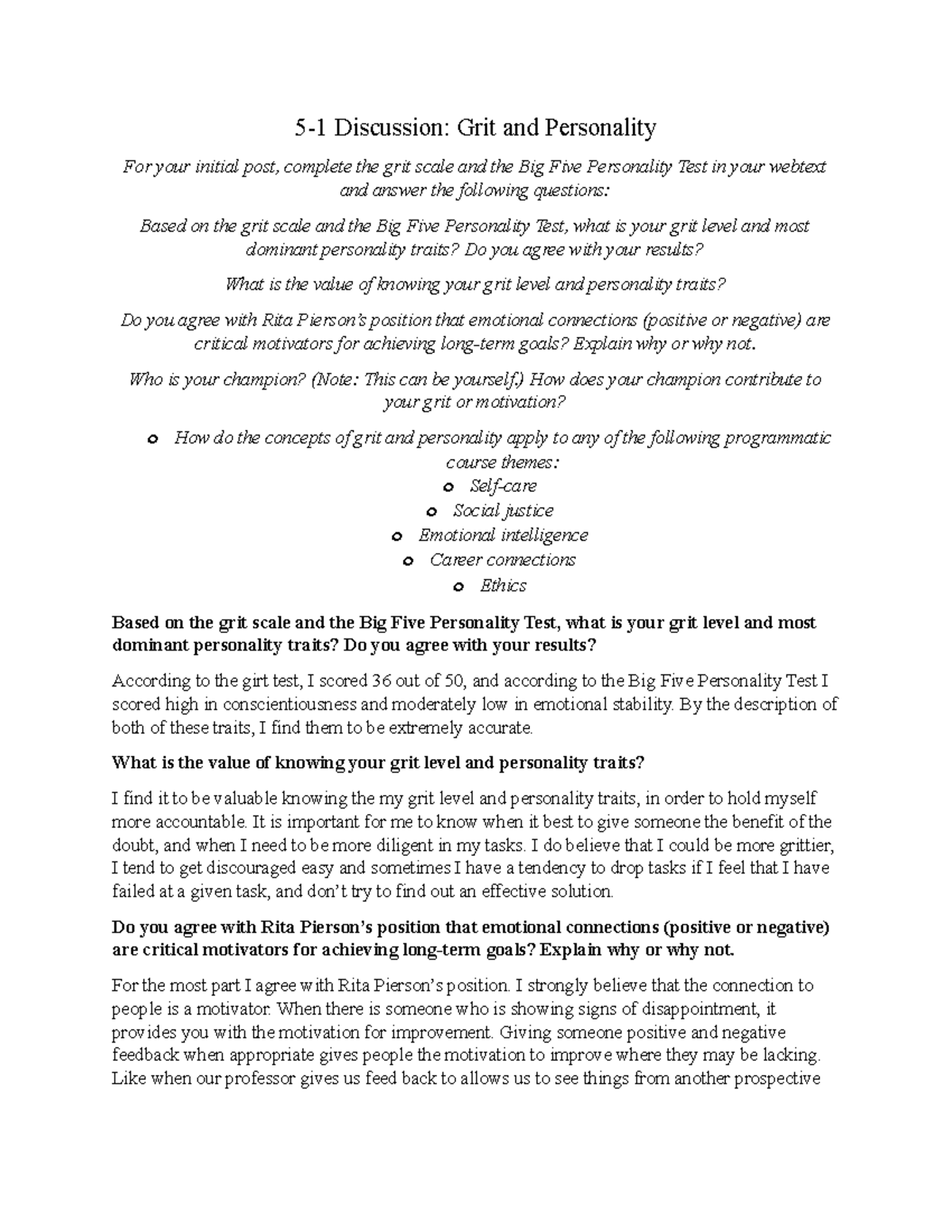 5-1 Discussion: Analyzing Grit and Personality Traits in Life - Studocu