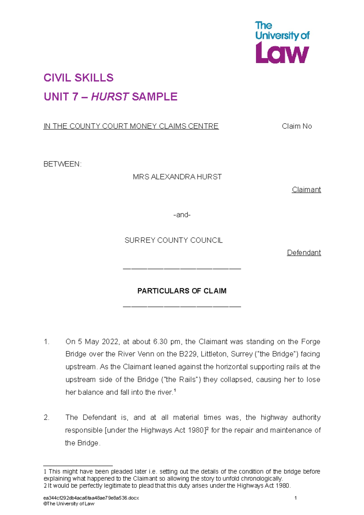 Particulars of Claim: Hurst vs. Surrey County Council (Claim No) - Studocu