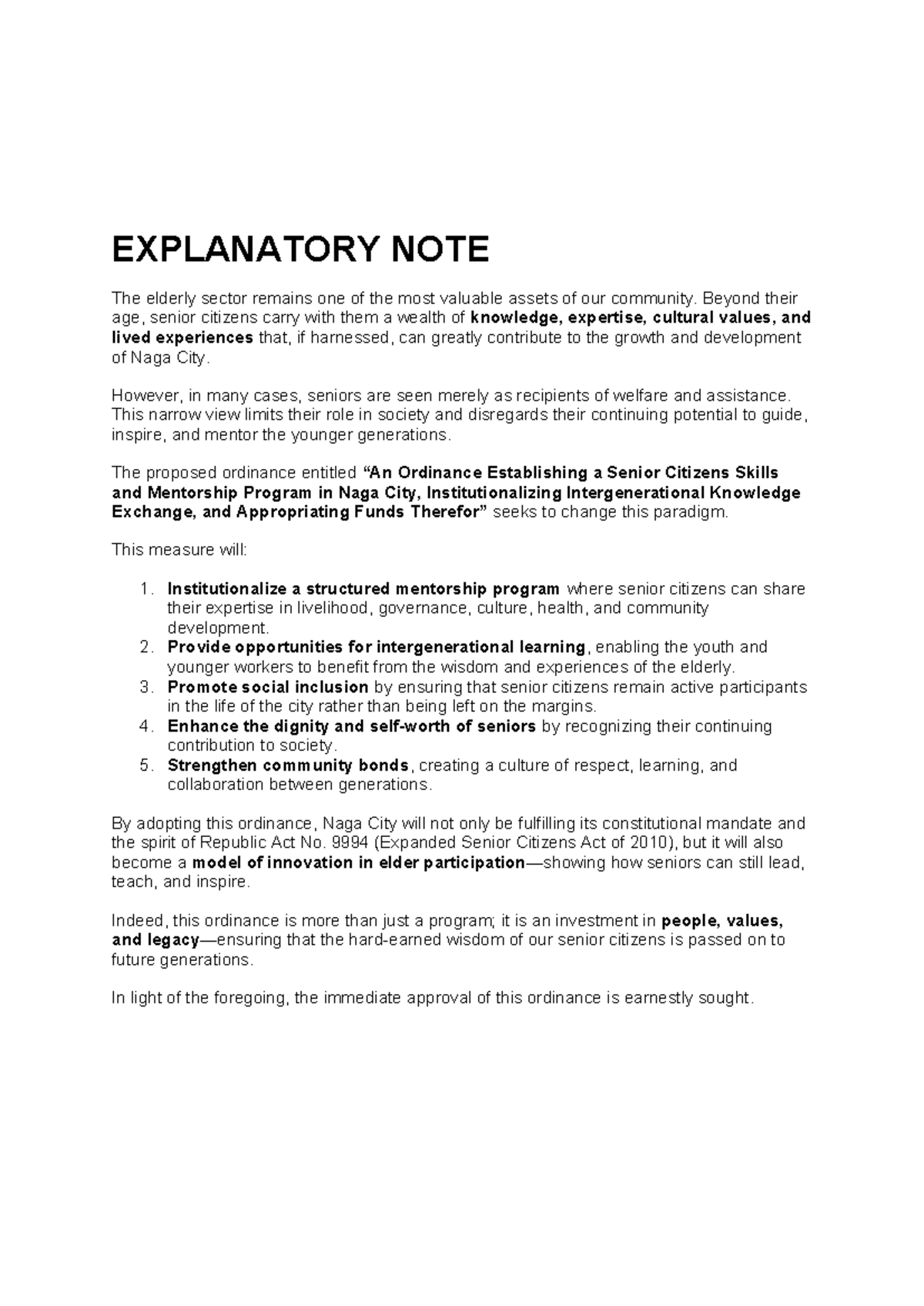 Explanatory Note on Senior Citizens Mentorship Program in Naga City ...