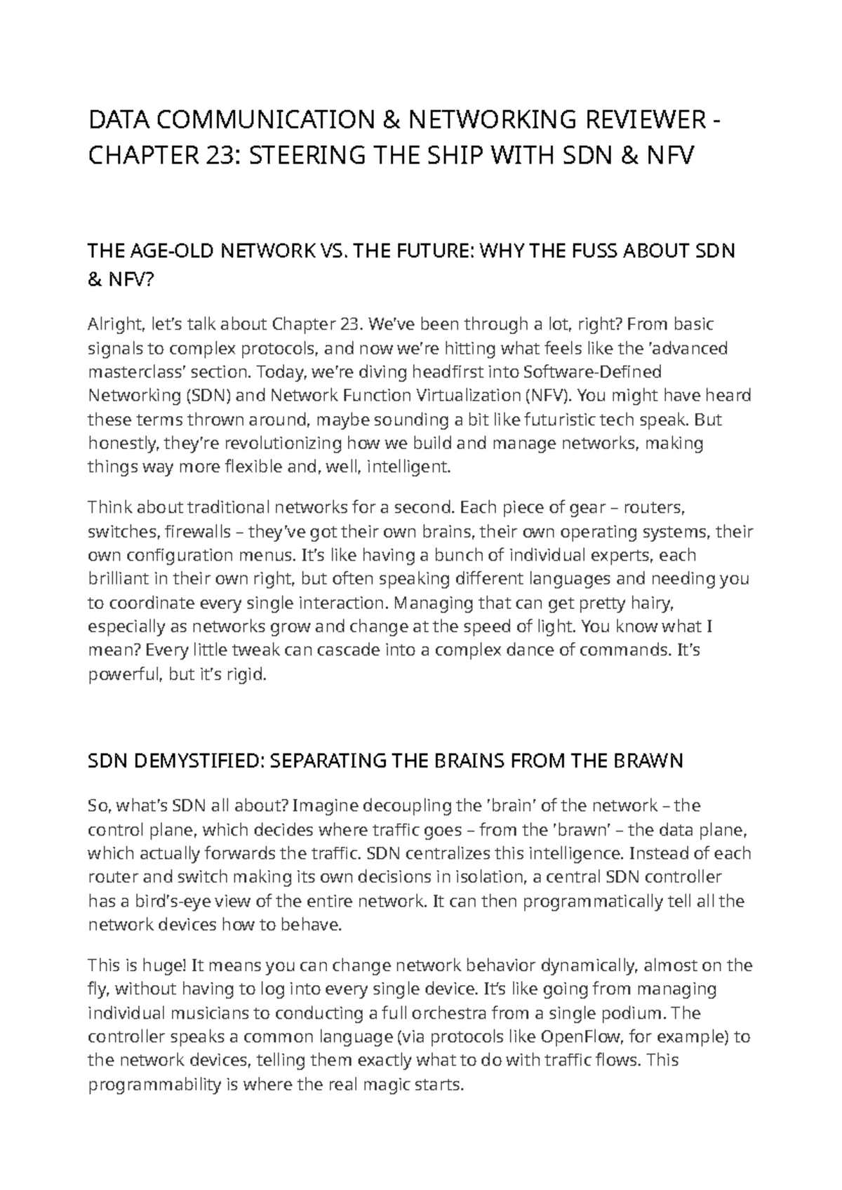 DATA COMMUNICATION NETWORKING REVIEWER: CHAPTER 23 - SDN & NFV EXPLAINED - Studocu