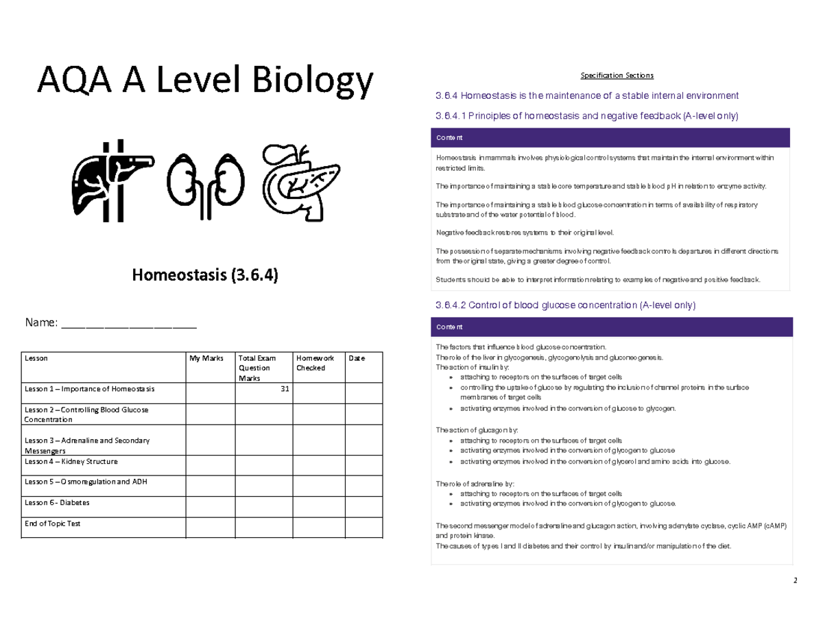 AQA A Level Biology: Homeostasis Lesson Guide and Revision Notes - Studocu