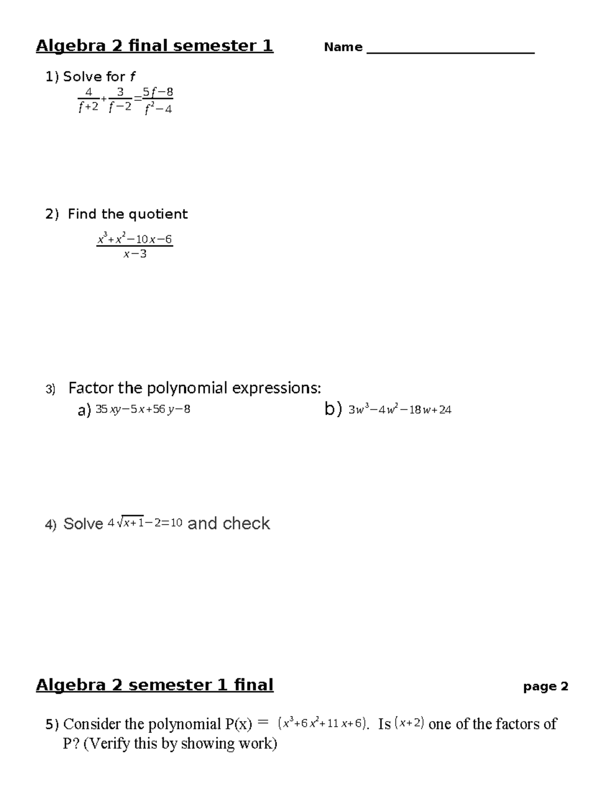 Algebra 2 (Alg 2) Semester 1 Final Exam Review - Jan 2024 - Studocu