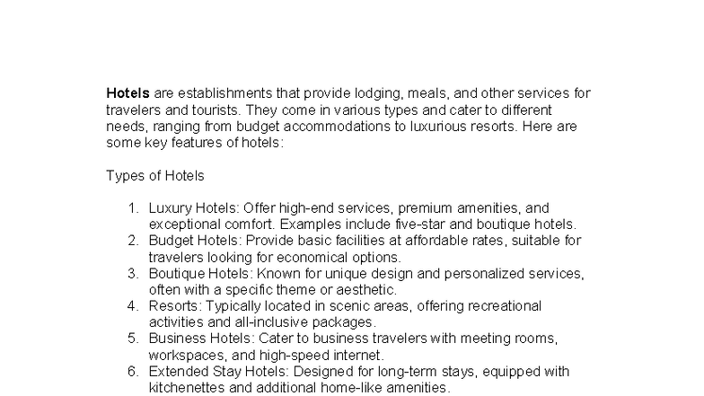 Accommodations Sectors: Types, Features, and Amenities Overview - Studocu