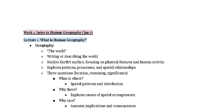 Geo 101: Week 1 Lecture Notes on Human Geography Concepts - Studocu
