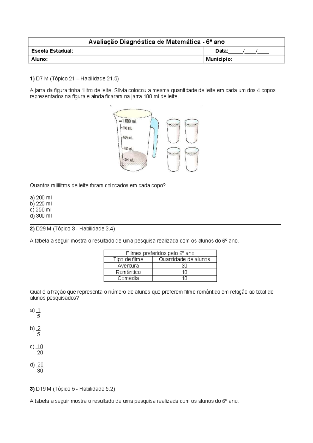 Avaliação Diagnóstica de Matemática 6º Ano - Sem Gabarito - Studocu