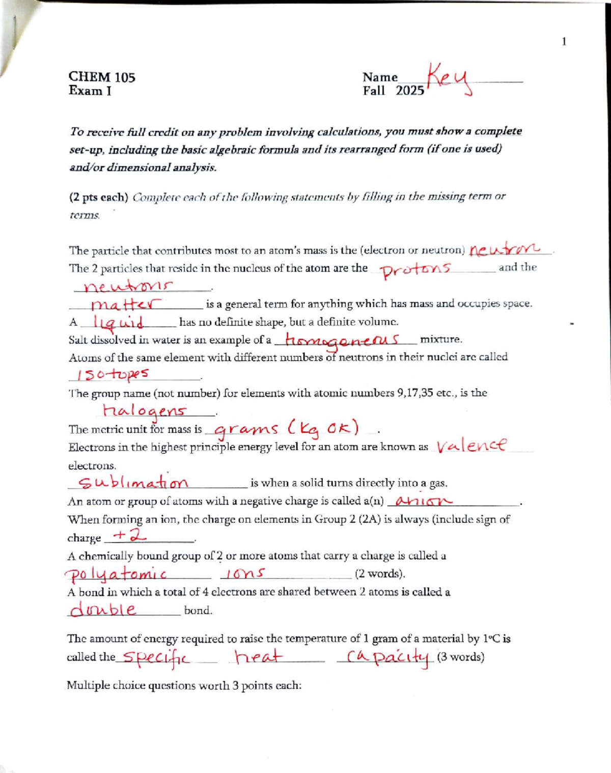 CHEM 105 Exam I: Molecular Shapes, Atomic Theory & Calculations - Studocu