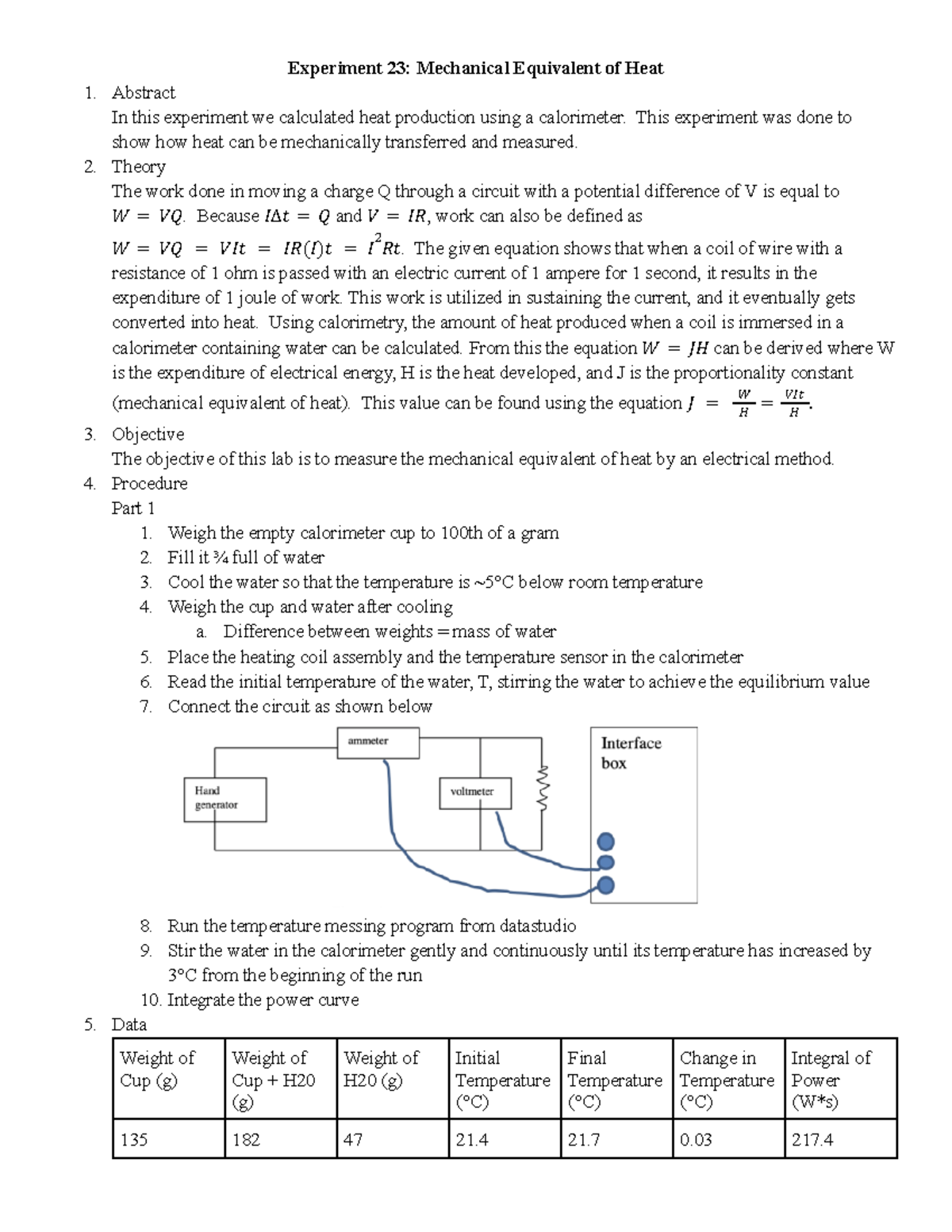 Experiment 23 Lab Report: Mechanical Equivalent of Heat Analysis - Studocu