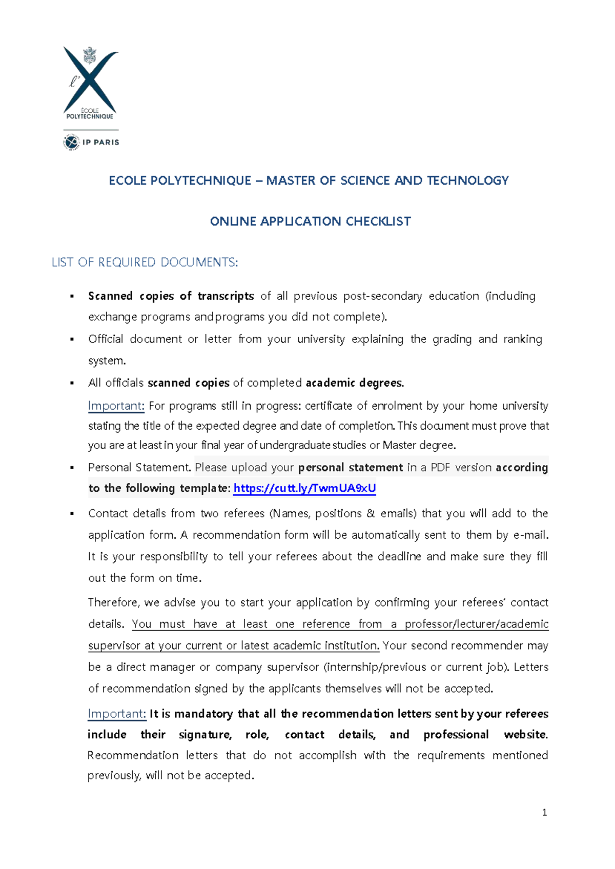 ECOLE POLYTECHNIQUE MSc Application Checklist: Required Documents - Studocu