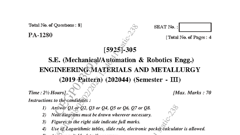 Engineering Materials and Metallurgy (2019 Pattern) - SEAT No. 23 ...