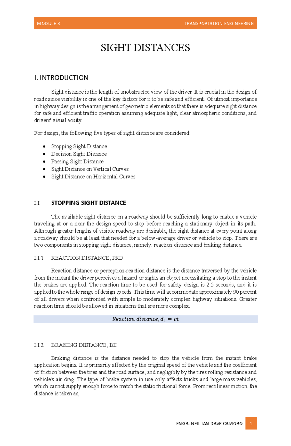 MODULE 3: Transportation Engineering - Sight Distances Overview - Studocu